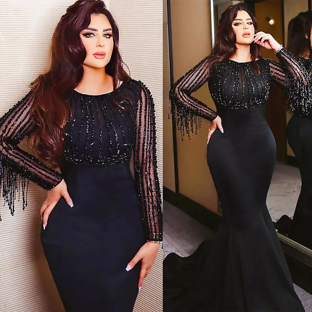 KSDN-Luxury-Black-Evening-Dress-Long-Sleeve-Beading-O-Neck-Floor-Lenght ...