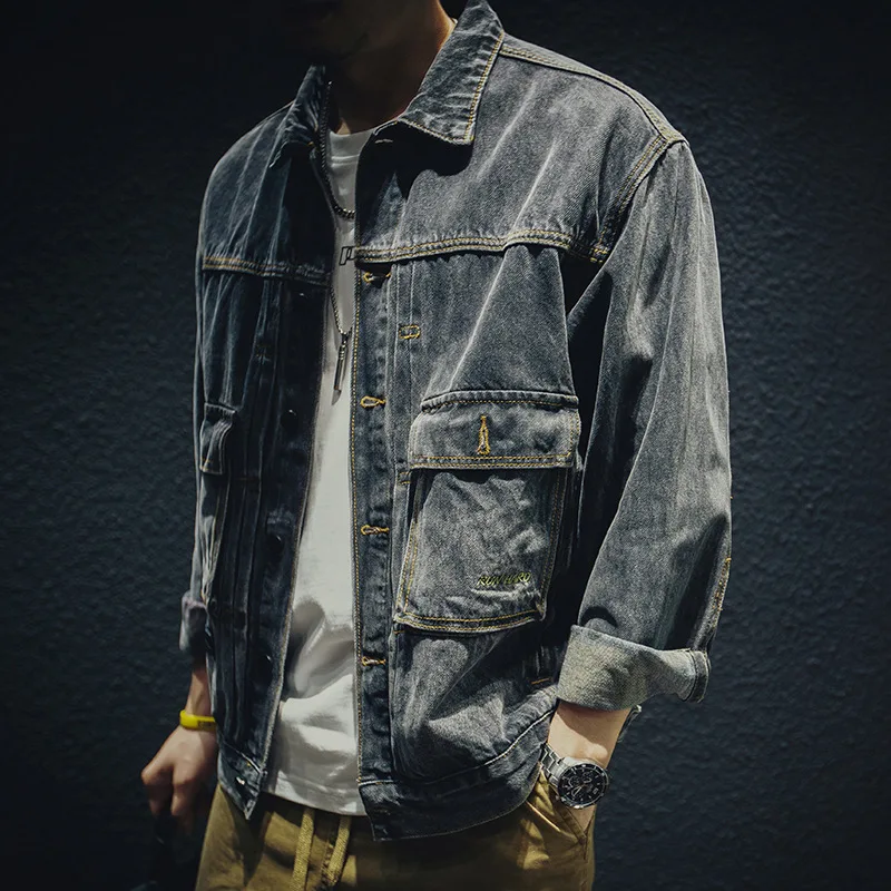 Denim-Jacket-Men-Cargo-Jean-Jackets-Retro-Tough-Streetwear-Solid-Color ...
