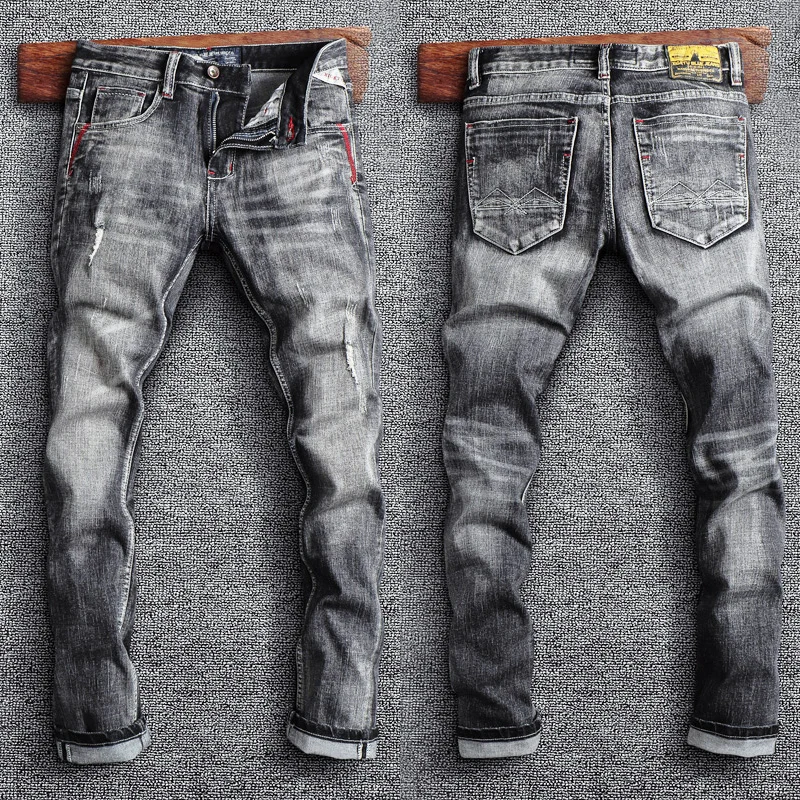 Italian Style Fashion Men Jeans Retro Gray Elastic Slim Fit Ripped ...