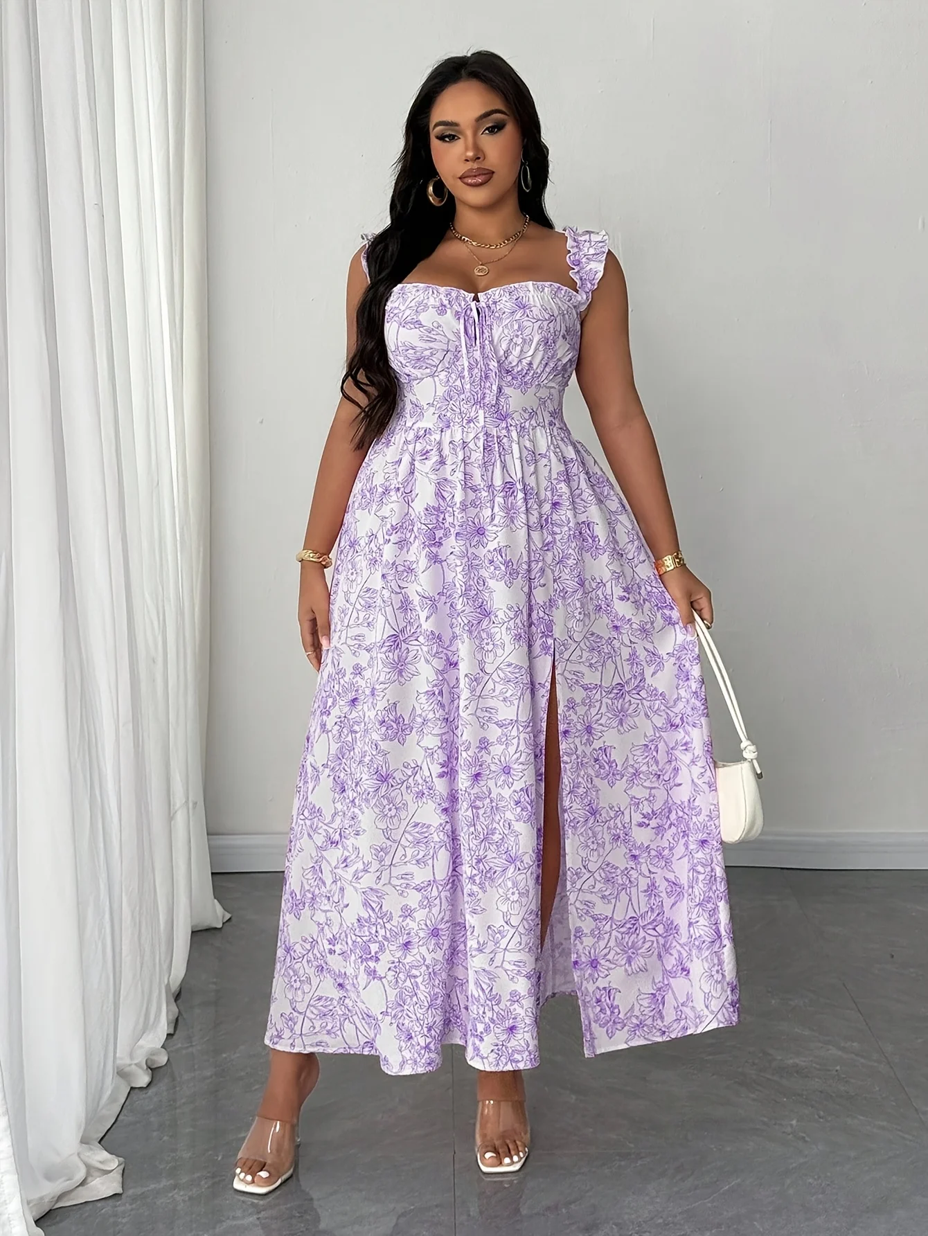 Women's Plus Size Lilac Floral Print Ruched Bust Spaghetti Strap Split ...