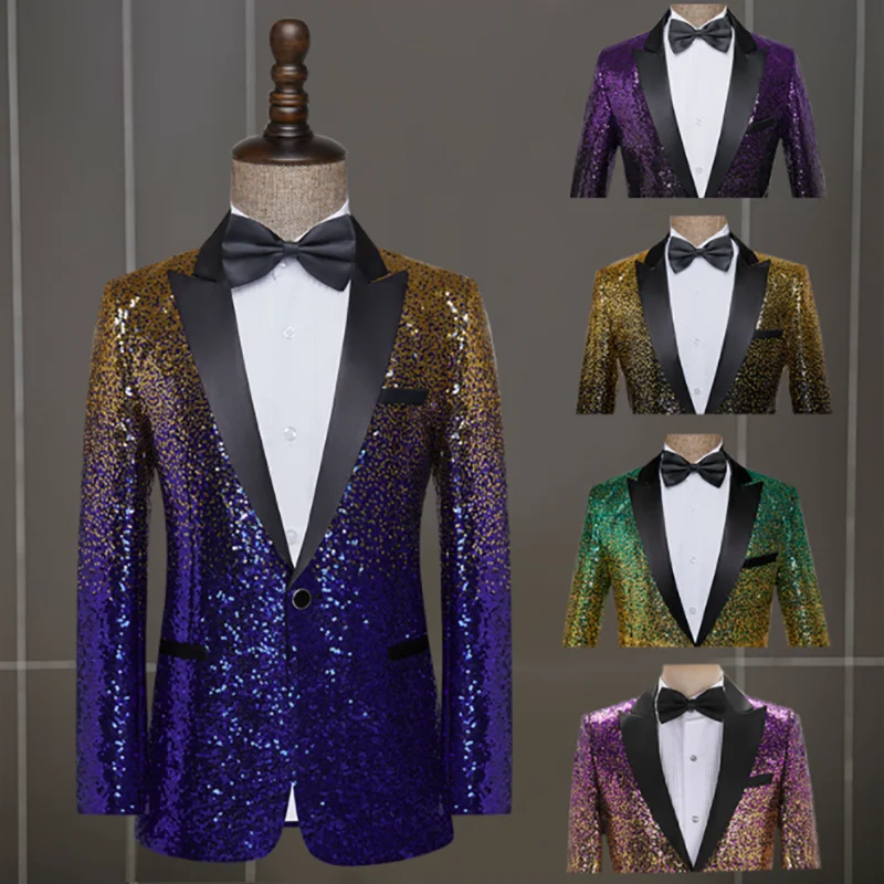 Shiny Gradient Sequin Jacket Men Glitter Embellished Blazer Nightclub ...