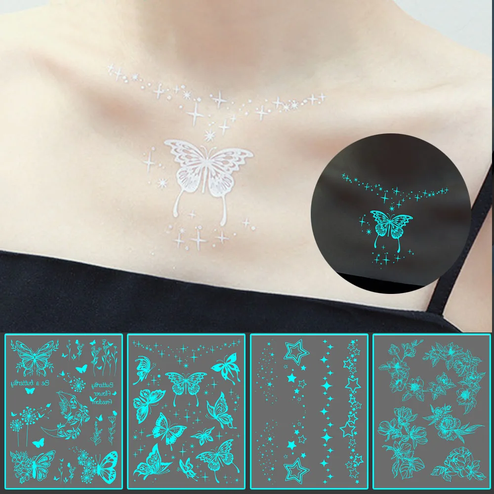 Luminous-Butterfly-Tattoo-Stickers-Waterproof-Body-Art-Flower-Fake ...