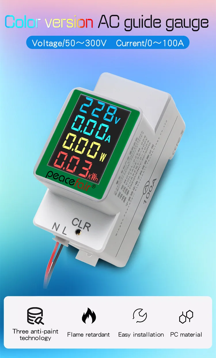 4IN1 Din Rail AC Monitor AC50-300V 100A Voltage Current Watt KWH Power ...