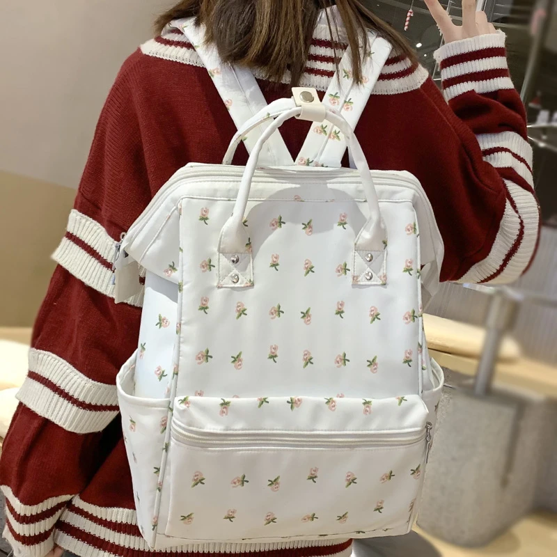 Female Cute Floral Printing Nylon University Backpack Women Laptop ...