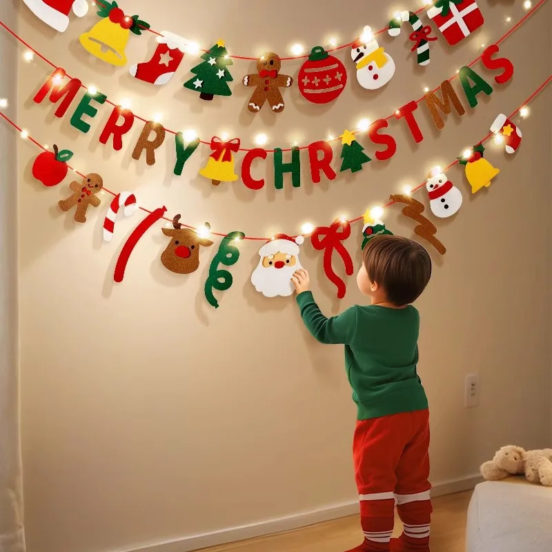 DIY Handmade Pull Flag Banner with LED Light String Merry Christmas ...
