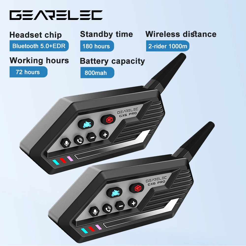 GEARELEC GX6 Motorcycle Helmet Intercom Headset 2 Riders 1000M ...