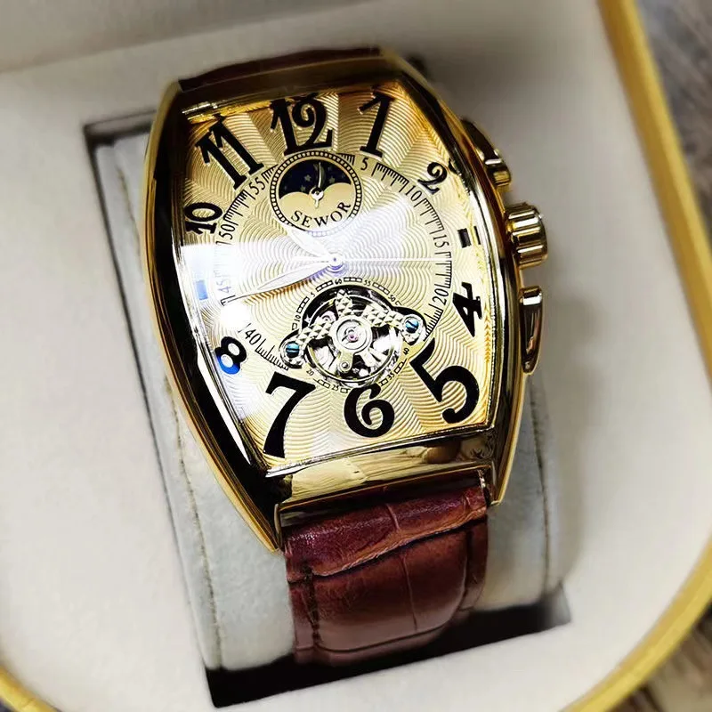 Luxury Gold Tourbillon Moon Phase Watch for Men Leather Band Automatic ...