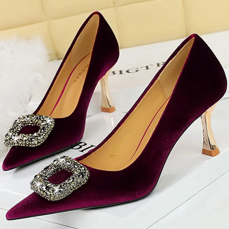 2024-Luxury-Women-7cm-High-Heels-Party-Pumps-Velvet-Wine-Red-Kitten-Low ...