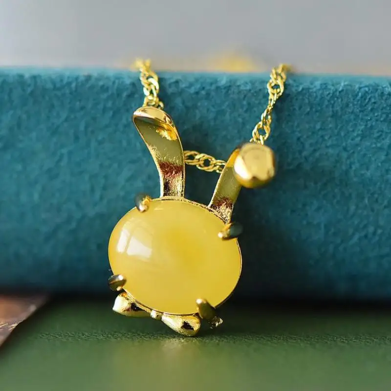 Natural-Amber-Bunny-Necklace-Women-Fine-Jewelry-Accessories-Genuine ...
