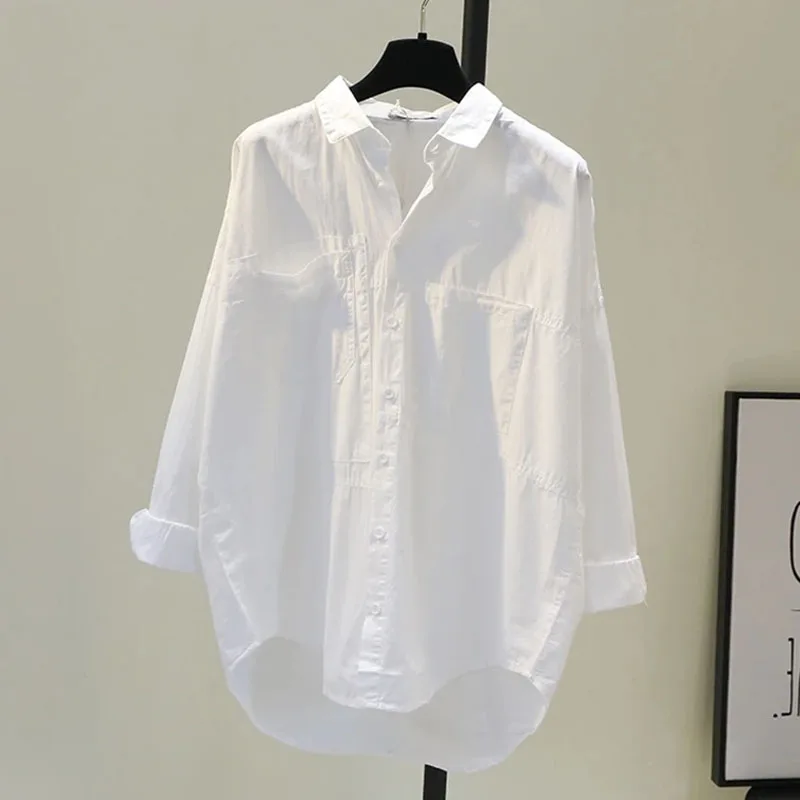 New-Casual-Button-Cotton-White-Women-s-Shirt-Spring-Long-Sleeve-Loose ...