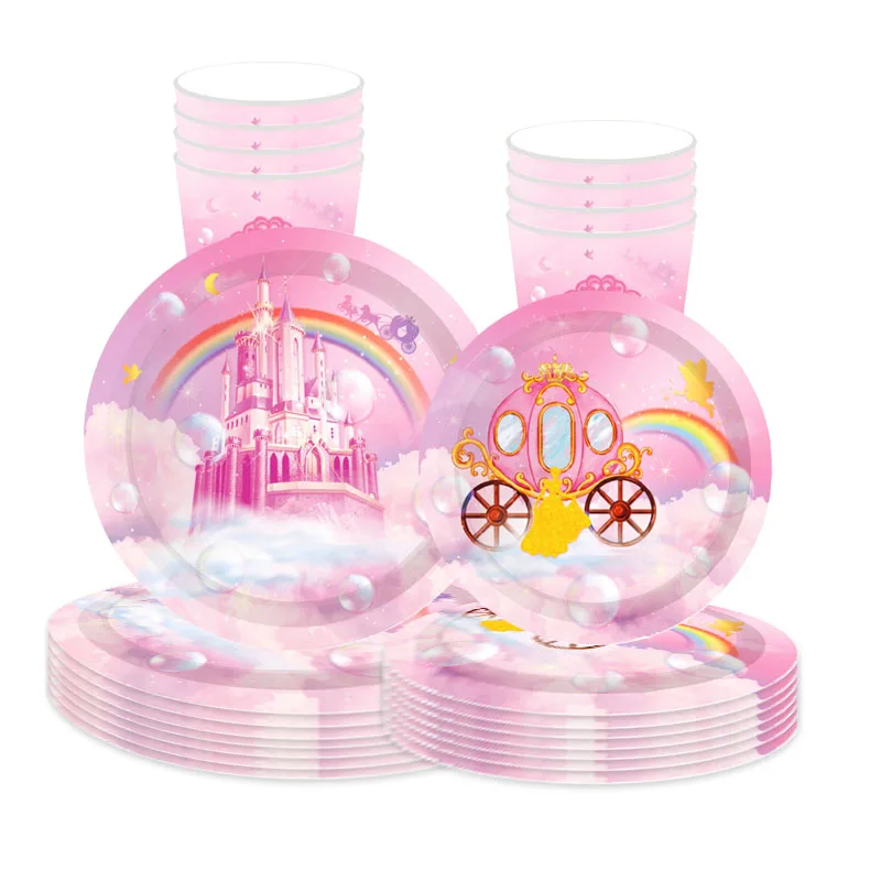 Pink-Princess-Disposable-Tableware-Rainbow-Castle-Carriage-Paper-Plates ...