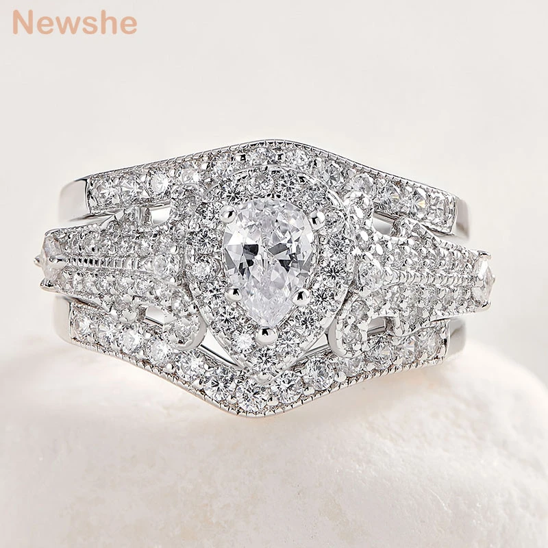 Newshe 3 Pcs 925 Sterling Silver Wedding Rings For Women 1.4 Ct Pear ...