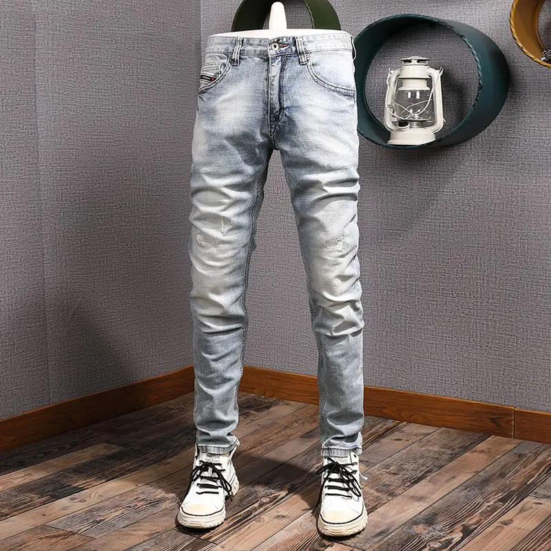 Italian Style Fashion Men Jeans Retro Light Blue Stretch Slim Fit ...