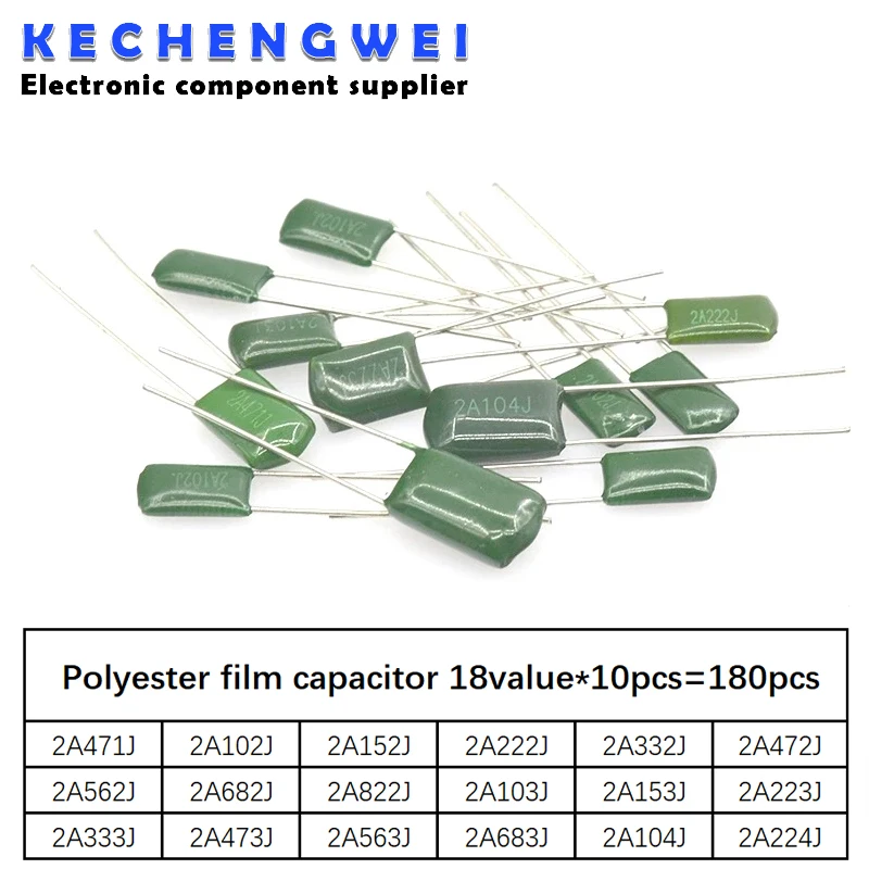 180pcs=18value*10pcs Polyester film capacitor Assorted Kit contains 2A104J 2A332J 2A472J 2A103J ...