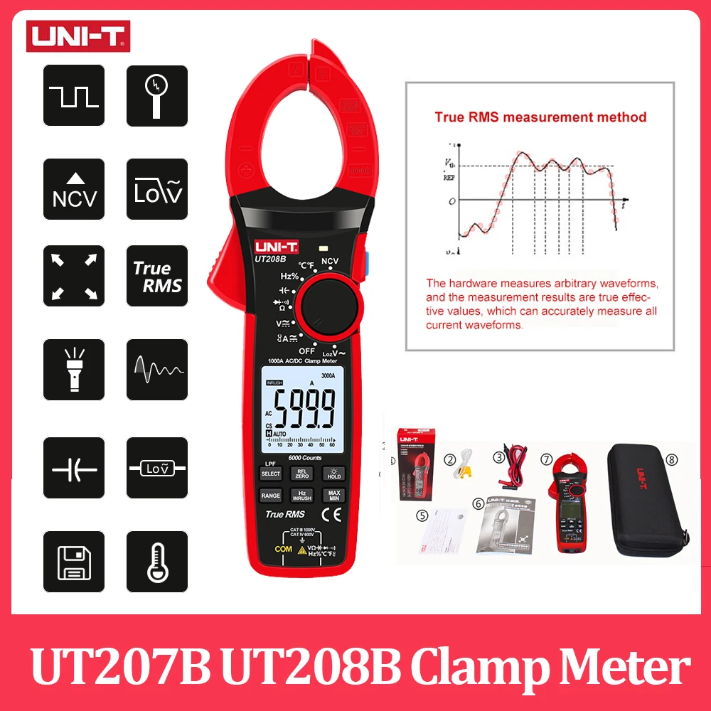 UNI T 아날로그 디지털 클램프 미터, UT207B UT208B, AC DC 전류, 1000A, 1000V, NCV LPF ...