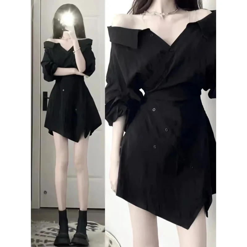 디자인 센스 틈새 콜드 헵번 스타일 젊은 우아한 왕실 자매 순수한 욕망 뜨거운 여자 허리 포옹 블랙 오프 숄더 드레스
