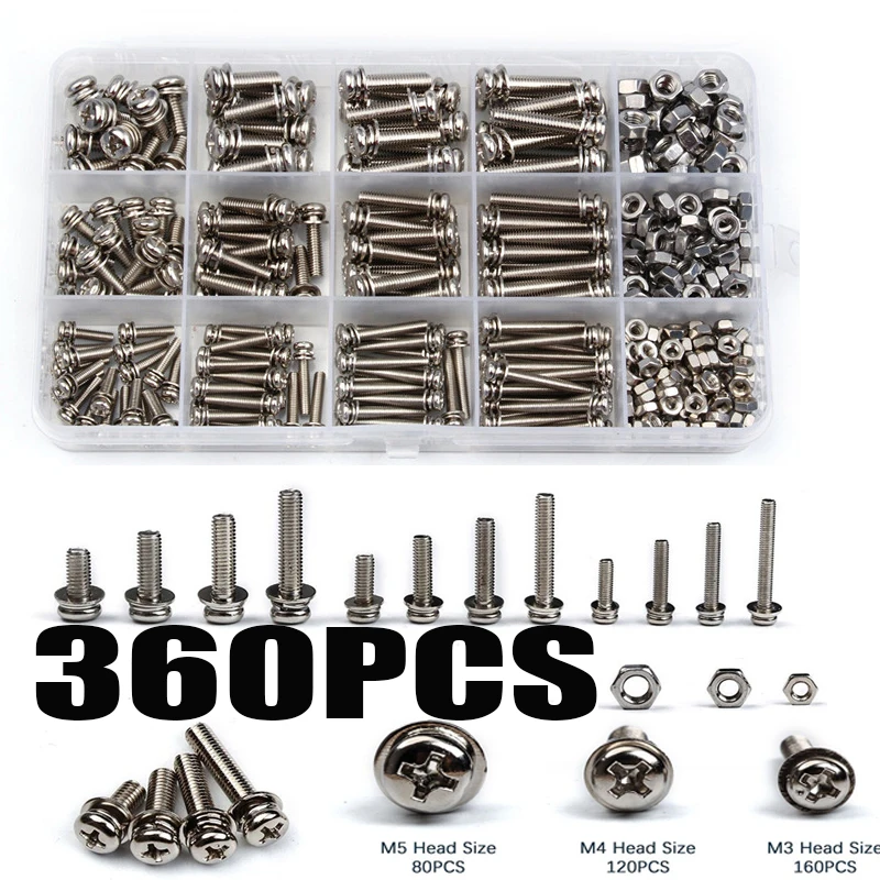 360PCS M3/M4/M5 Stainless Steel Micro Thread Round Head Screw Nut Bolt ...