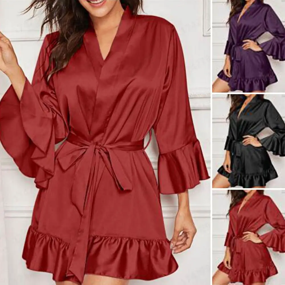 Women Silk Nightdress Sleep Long Sleeve Skirt Waist Tied Pajamas Pure ...