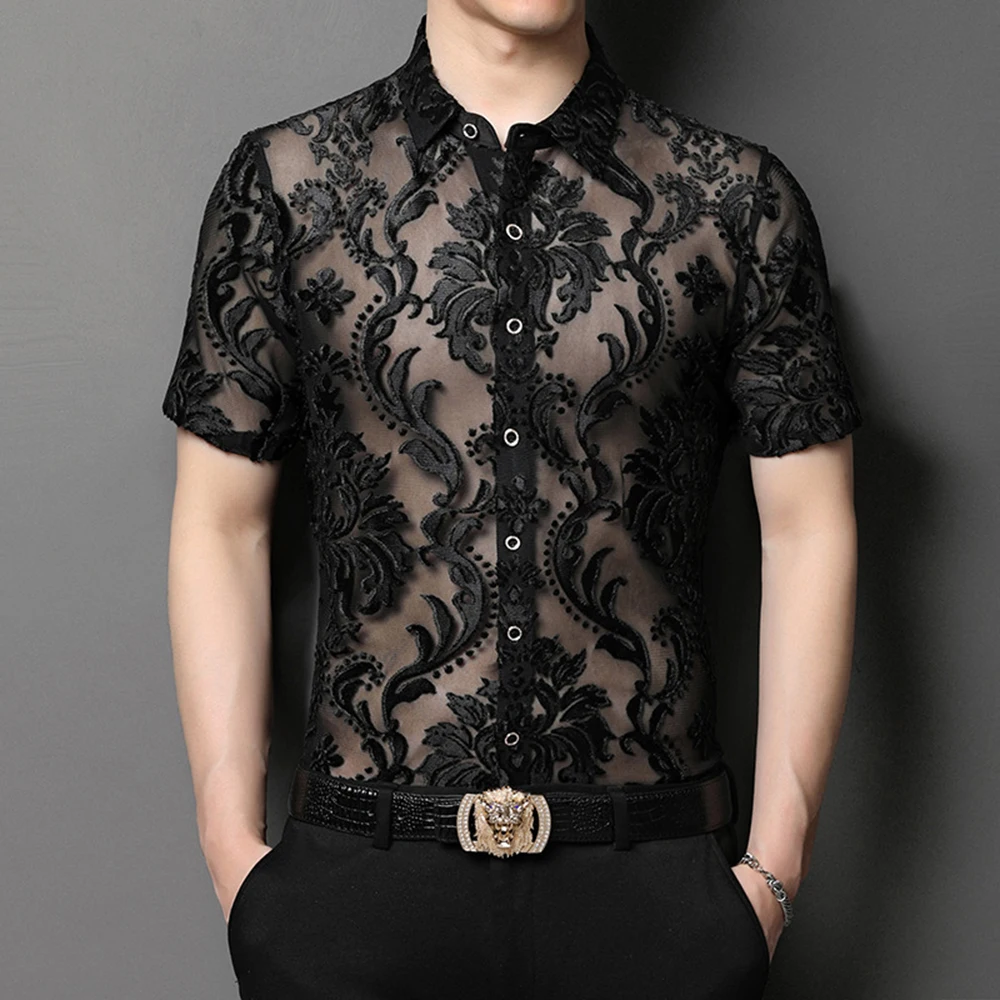 New Fashion Floral Embroidery Transparent Shirt Man See Through Sexy ...
