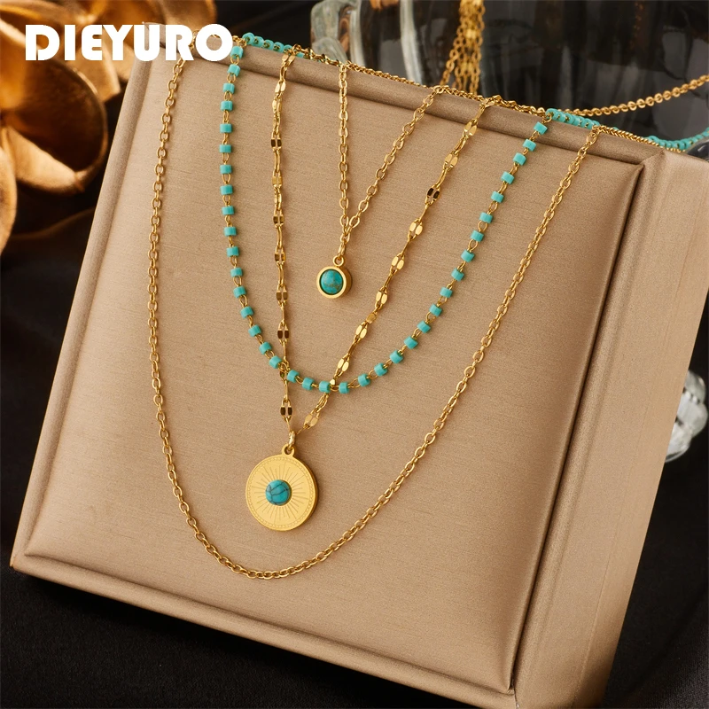 Dieyuro 316l Stainless Steel Multilayer Green Stone Round Pendant Necklaces For Women Vintage ...