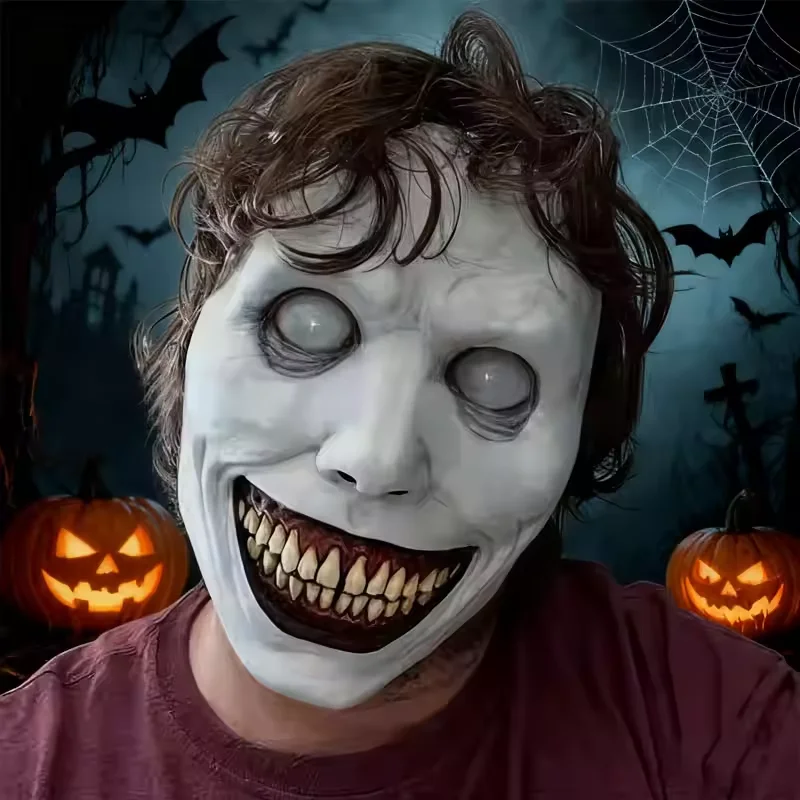 Creepy Halloween Smiling Face Demon Mask White Eyed Devil Mask Scary ...