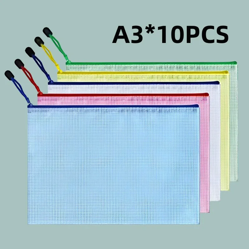 10pcs-A3-Mesh-Zipper-File-Bag-5-colors-waterproof-plastic-file-Bag-for ...