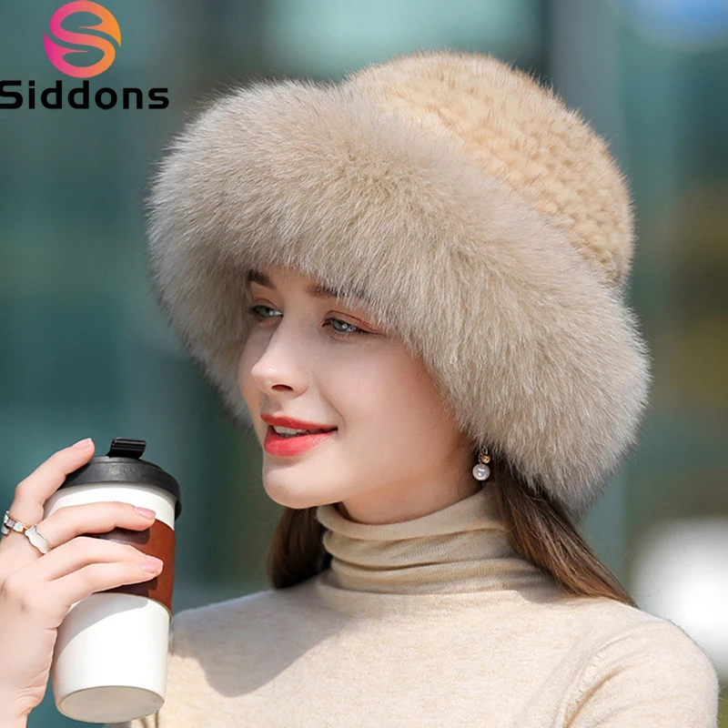 New Women Winter Luxury Knitted Real Mink Fur Bomber Hat Natural Warm Fox Fur Cap Girls Quality ...