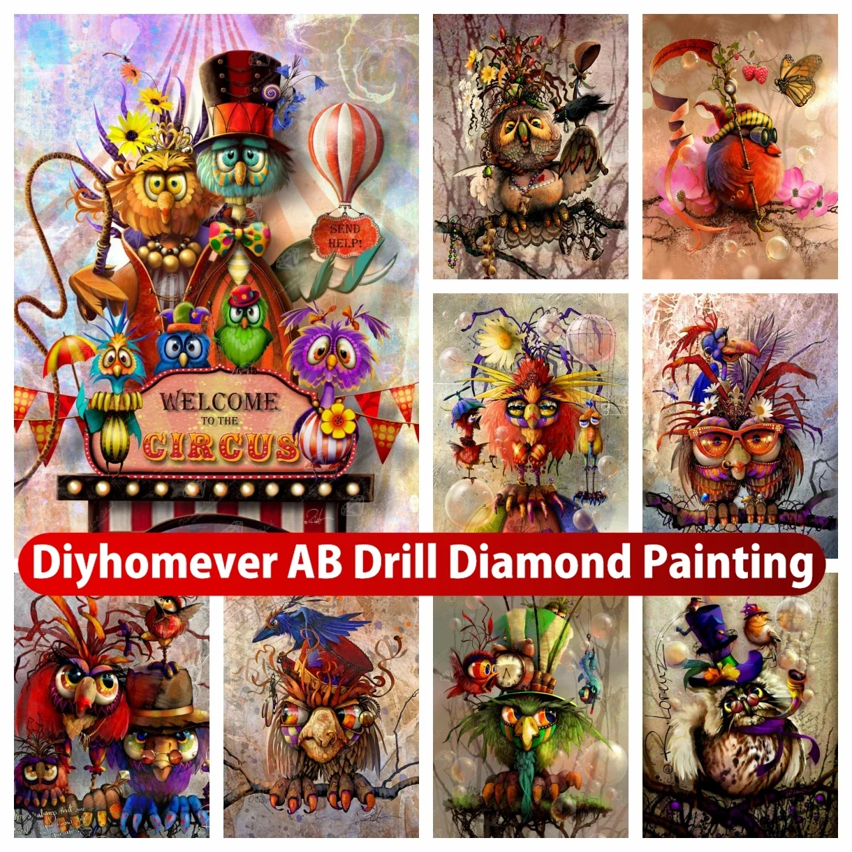 Family-Circus-Cartoon-Owl-Bird-Parrot-AB-Diamond-Painting-Embroidery ...