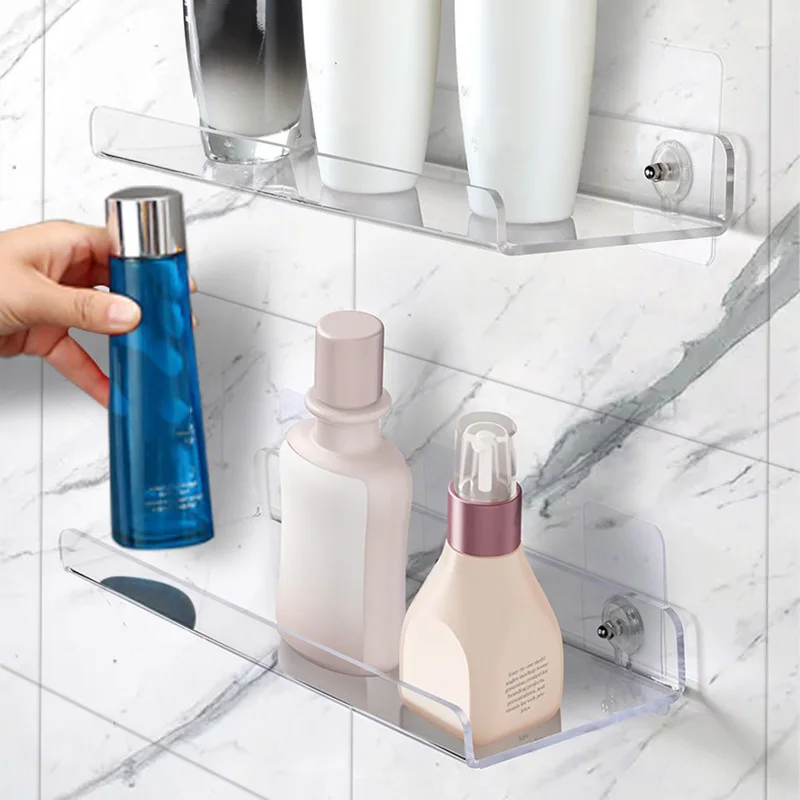 Bathroom Transparent Shelf Wall Free-Punch Storage Rack Cosmetic ...
