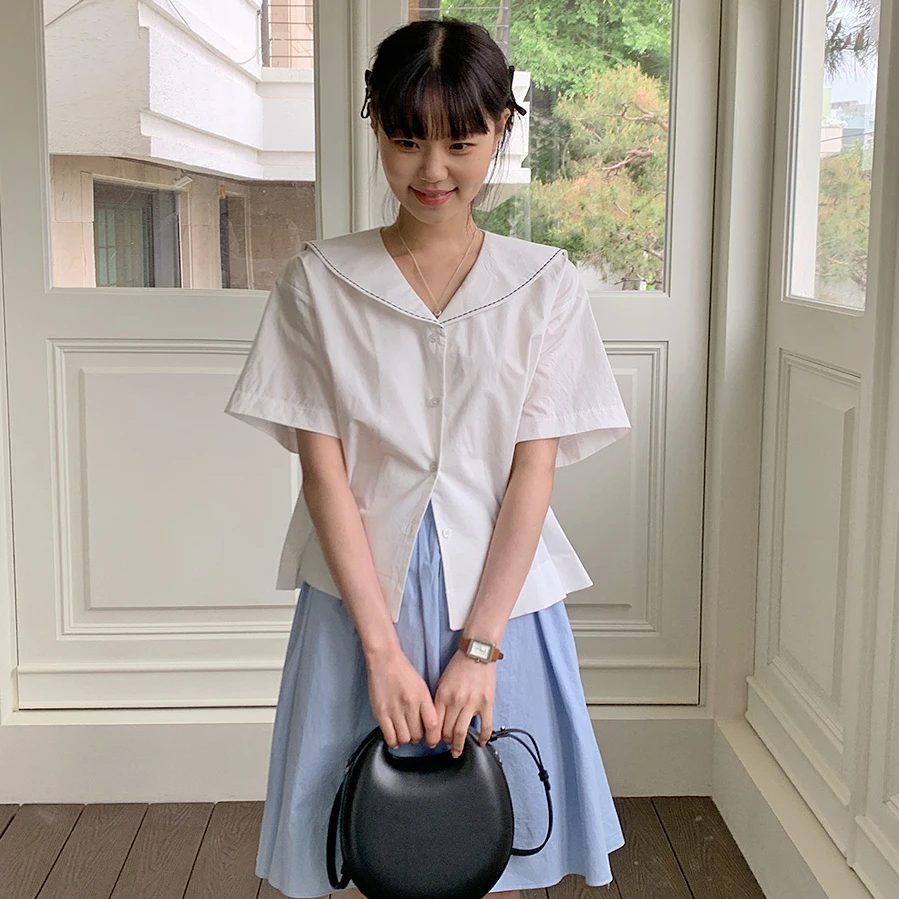 Japanese style White Shirts Women Sailor Collar Cropped Blouse Summer ...