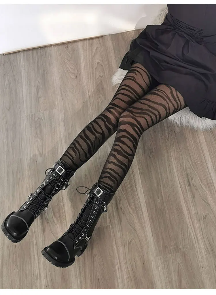 Collant,Bas en résille à motif zèbre noir pour femme, bas collant fin ...