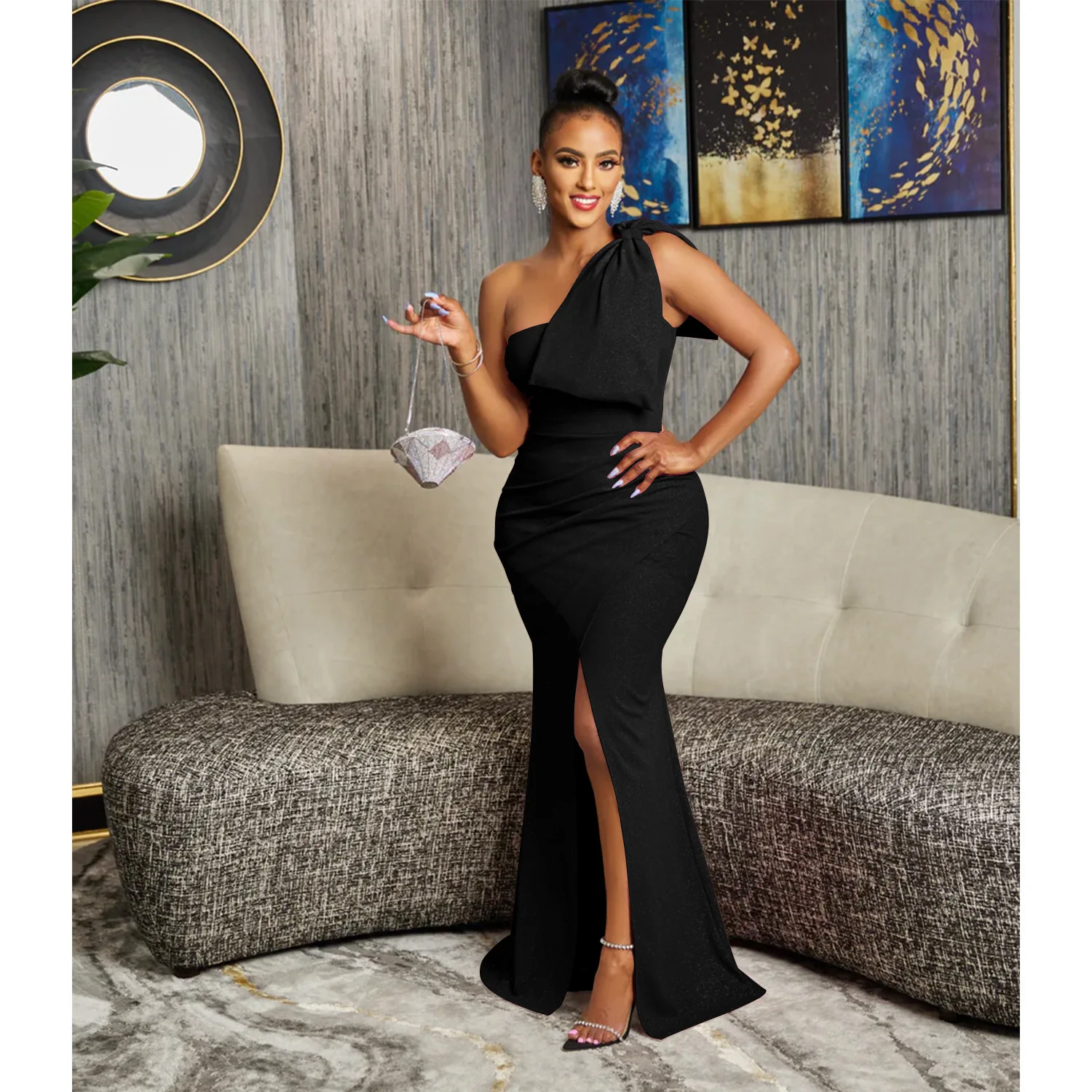 Elegant-Formal-Occasion-Dresses-Bow-Diagonal-Collar-Sleeveless-Long ...