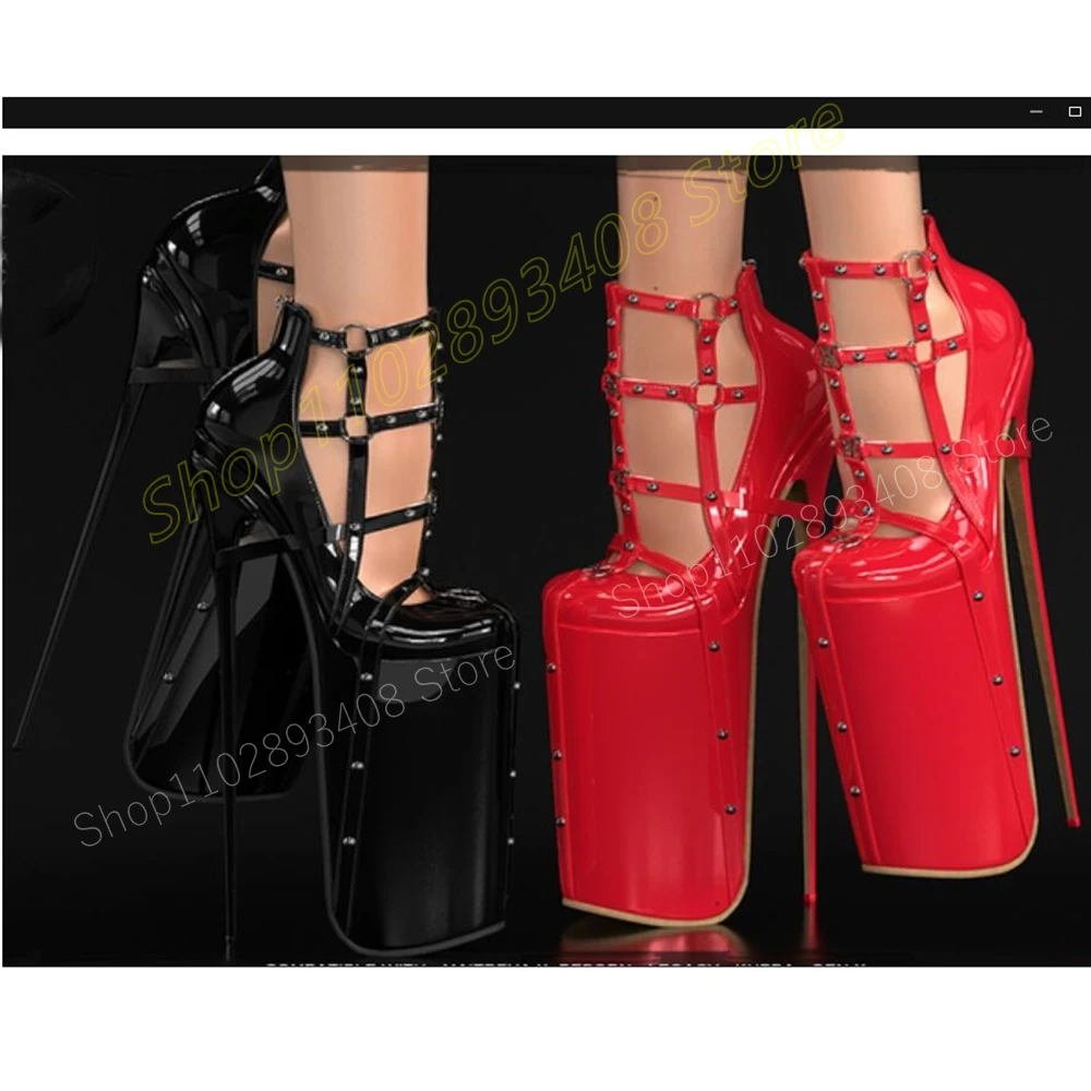 Red-Round-Rivets-Hollow-Platform-Pumps-Patent-Leather-30cm-Stiletto ...