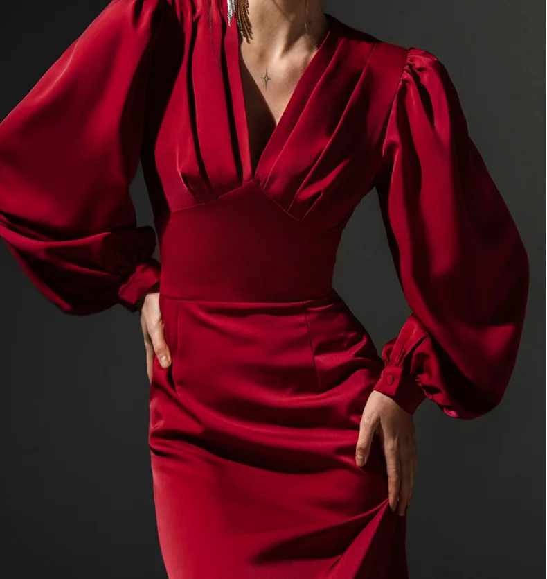Spring Satin Lantern Sleeve Dress Women French Medium Length Dresses ...