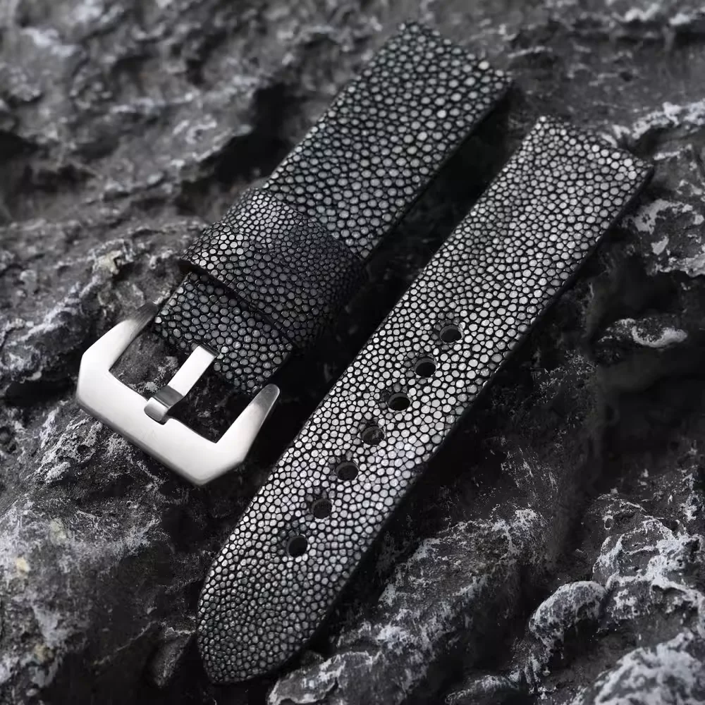 Handmade-Pearl-Fish-Skin-Strap-20MM-22MM-24MM-Black-Thick-Soft-Watch ...