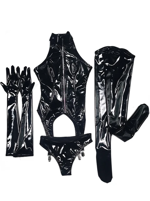 4PCS/SET Wet Look PVC Catsuit Shiny PU Leather Cosplay Outfit ...
