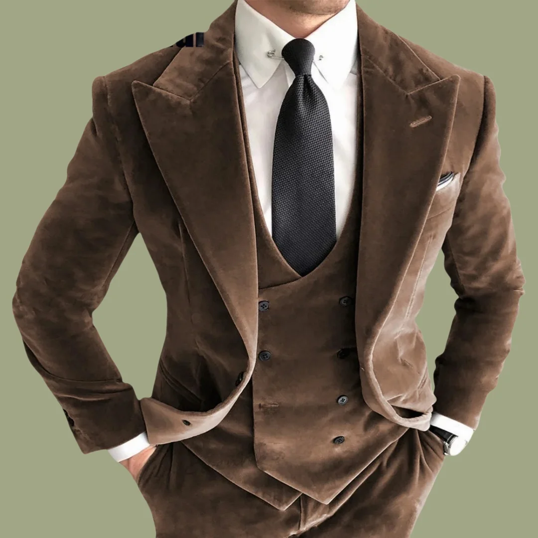 Stylish Men's Brown Velvet Suit - Perfect for Gala Dinners 3 Pieces ...