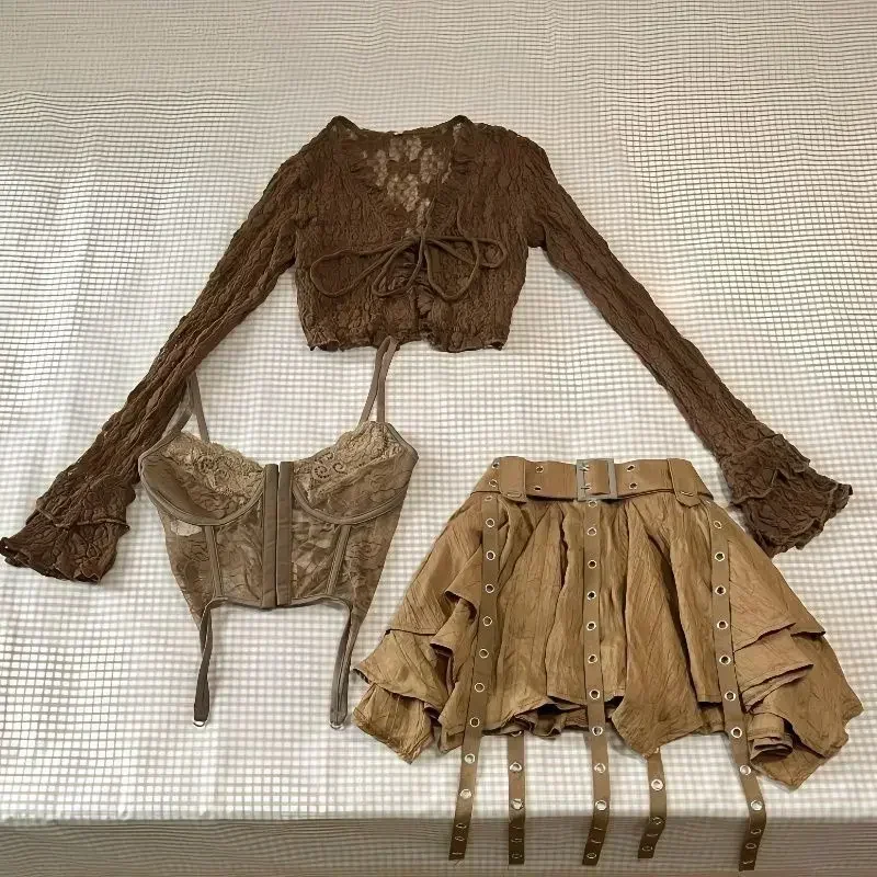 Y2k American Hot Girl Three Piece Sexy Skirt Suit Lace Maillard Color ...