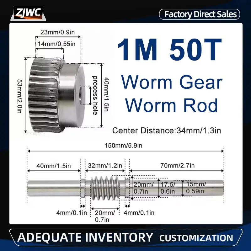 1pcs-1-Modulus-50Teeth-Reducer-Worm-Gear-Process-Hole-And-1M-Worm-Rod ...