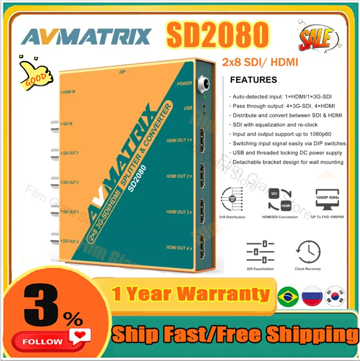 AVMATRIX SD2080 2x8 SDI/HDMI-compatible Splitter /Cross Converter 1×HDMI/1×3G-SDI to 4×3G-SDI/HD ...
