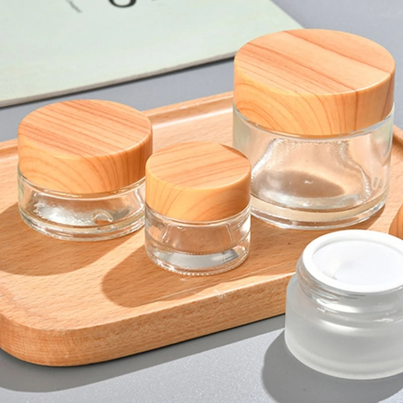 Empty-Clear-Glass-Round-Jars-with-Wooden-Lids-Travel-Bottle-Lotion ...
