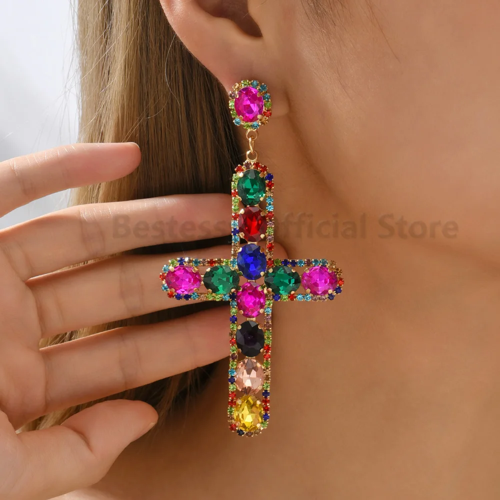 Luxury Shiny Crystal Clear Glass Cross Earrings Woman Popular Long ...