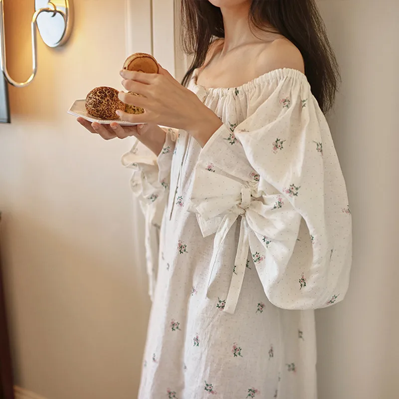 Women Sweet Printed Full Sleeves Nightdress French Sexy Loose Long Mid ...