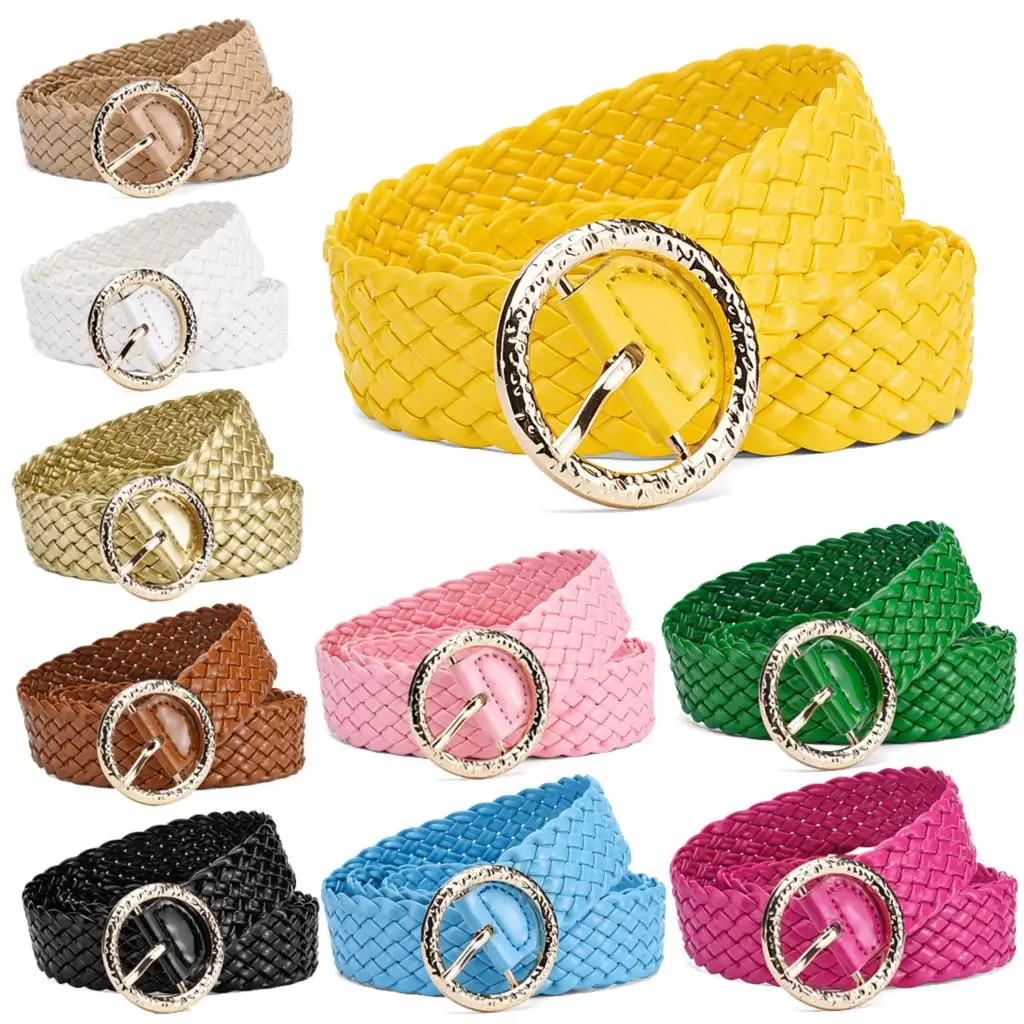 New-Fashion-Women-Braided-Bright-Colors-Belts-Circular-Gold-Buckle ...
