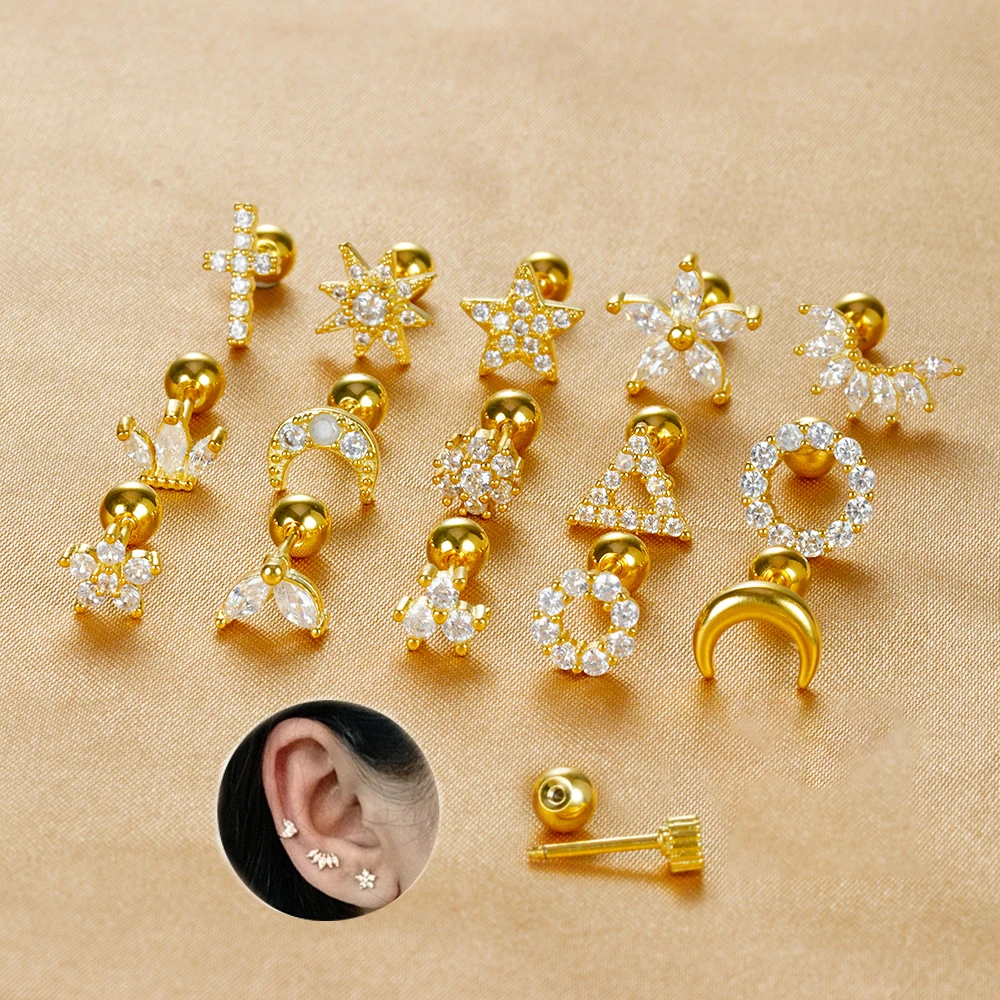1pc Stainless Steel Moon Cross Small Stud Earrings Tiny Cubic Zirconia ...