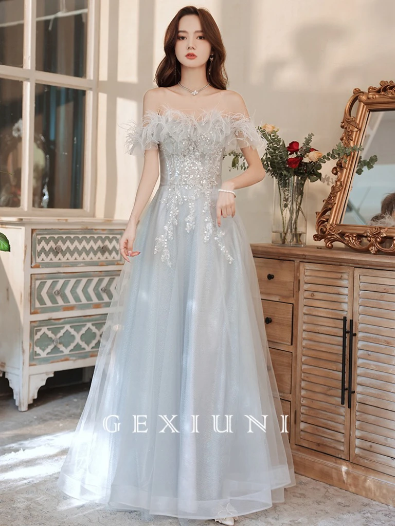 Elegant-Prom-Gowns-Boat-Neck-Sequined-Tulle-With-Feather-Applique-Off ...