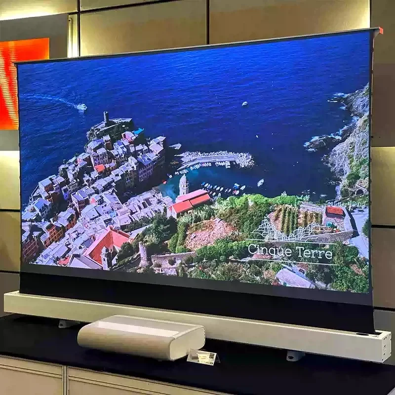 72-150 inch ALR UST Projector Screen Electric Floor Rising 4K T-prism ...