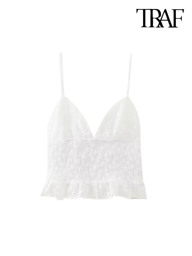 Traf-regata-feminina-com-babados-bordados-sem-encosto-tiras-finas-sexy ...