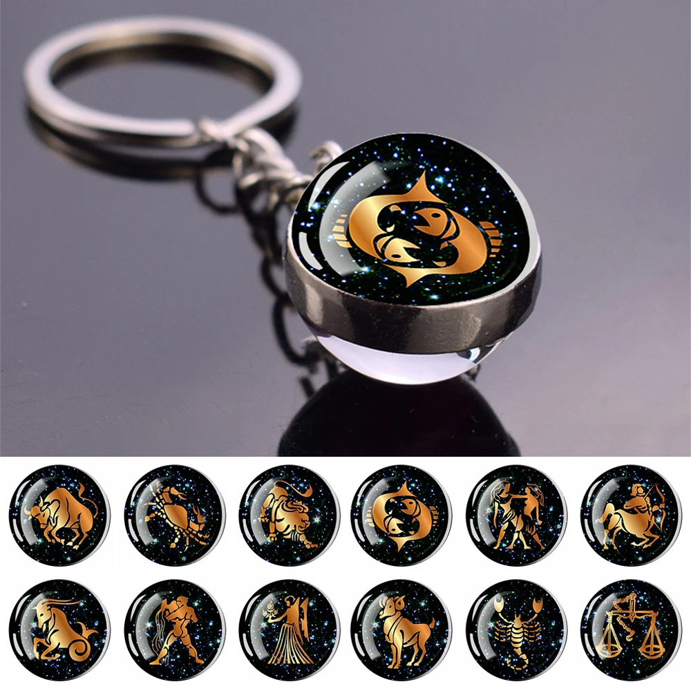12-Constellations-Zodiac-Luminous-Keychain-Two-Sided-Ball-Pendant-Key ...