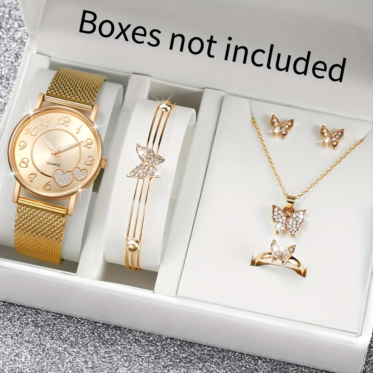 6PCS-Set-Fashion-Heart-Women-s-Watch-Plastic-Band-Analog-Golden-Quartz ...